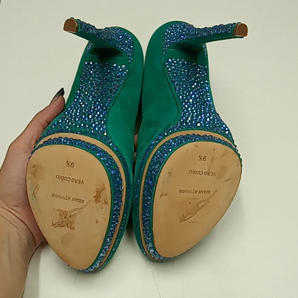 Teal Suede And Blue Rhinestones Heels - Gem